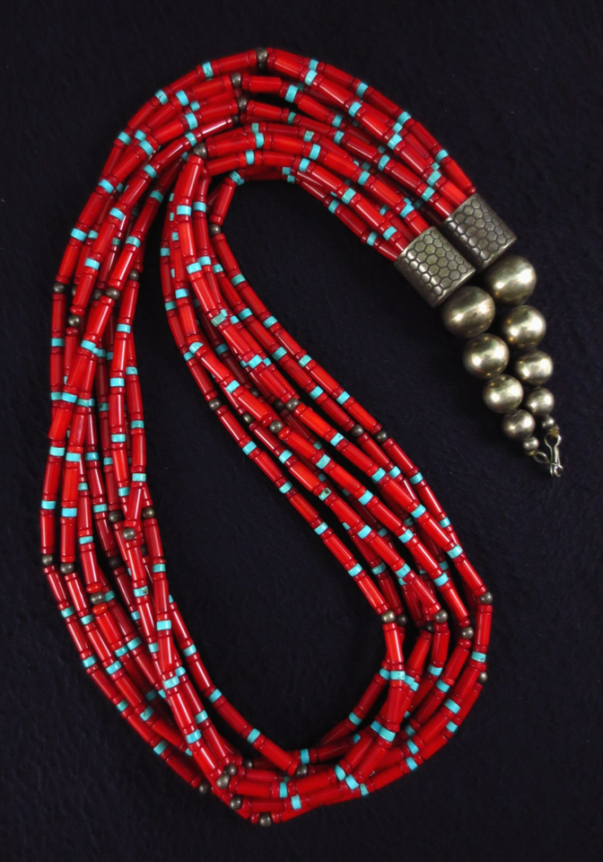 Vintage Pueblo Necklace - Sterling Silver, Coral and Turquoise - 9 ...