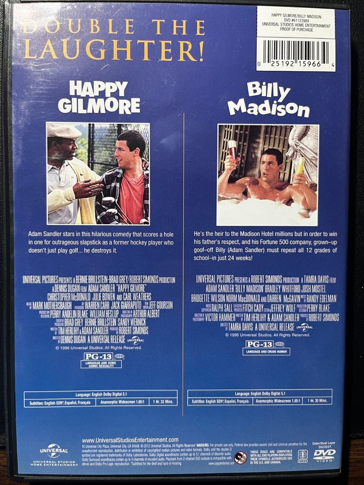 Happy Gilmore / Billy Madison Adam Sandler Double Feature DVD ~Very ...