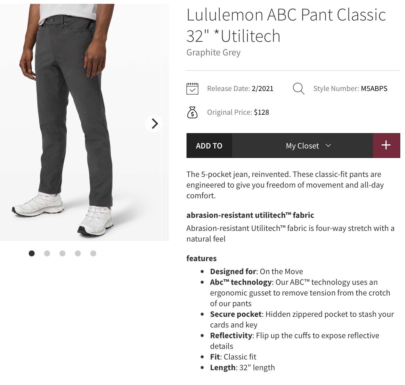 lululemon ABC Pants Classic Utilitech Men’s 32 Gray - Gem