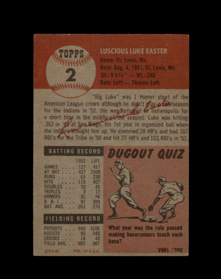 1953 Topps Baseball #002 Luke Easter DP STARX 4.5 VG/EX+ (CS130423) | eBay