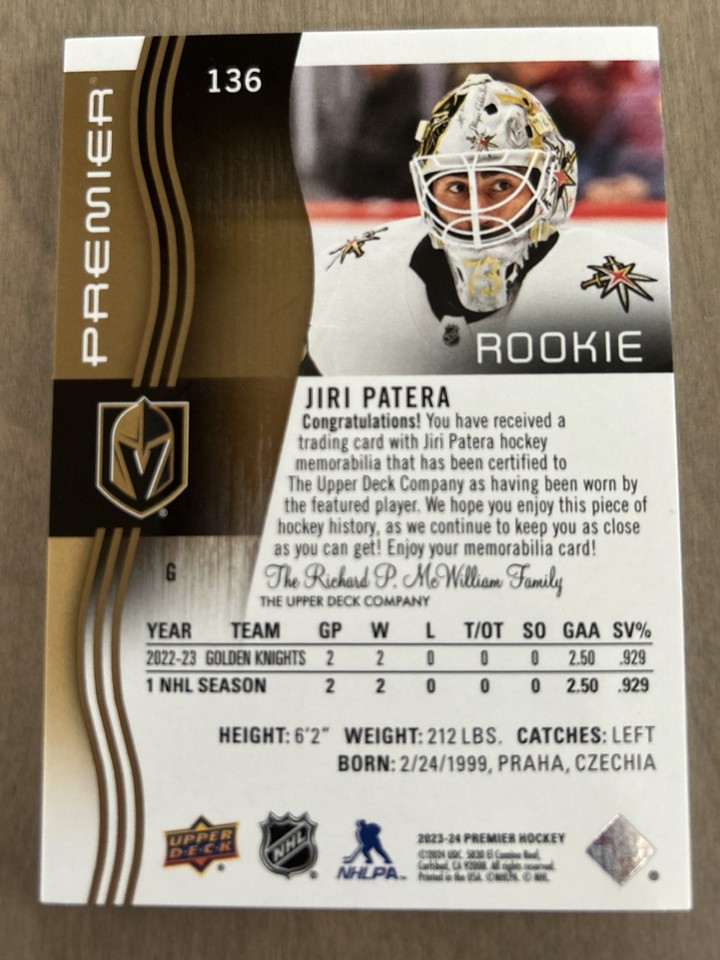 Upper Deck Premier 2023-24 Rookie Patch Mem Jiri Patera 49/49 = 1/1 | eBay
