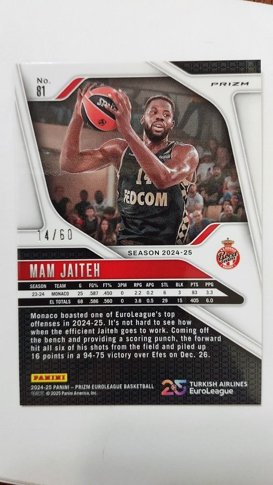 2024-25 Panini Prizm Turkish Airlines Euroleague Mam Jaiteh /60 Gold ...