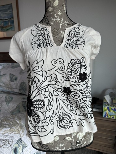 Cream and Black Embroidered Linen Blend Boho Top, Fits Medium | eBay