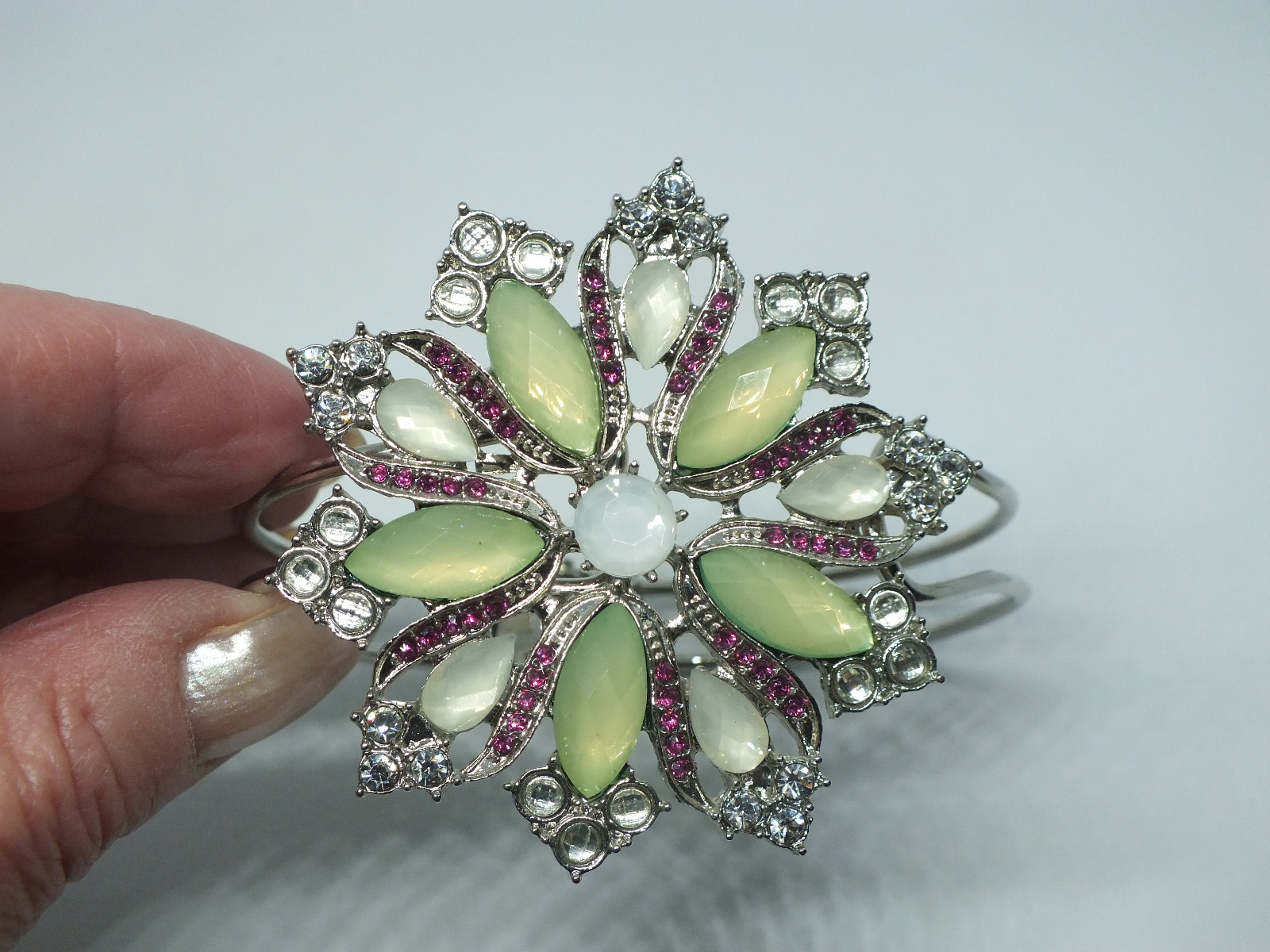 Beautiful Clamp Bracelet Silver Tone Rhinestones Cabochons 2" Wide x 2 ...