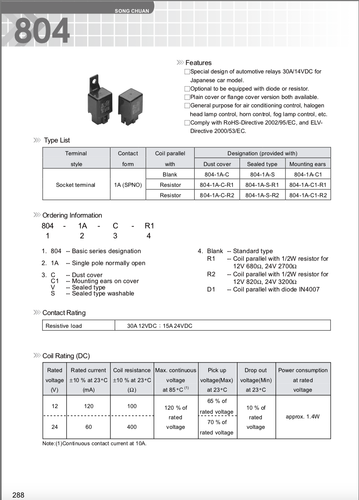 1 Song Chuan Power Relay Only 804-1A-C1 30A Coil=12VDC FAST USA Shipped ...
