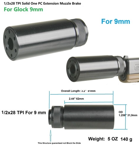 All 9 mm 1/2x28 TPI Low Concussion Solid One PC Barrel Extension Muzzle ...