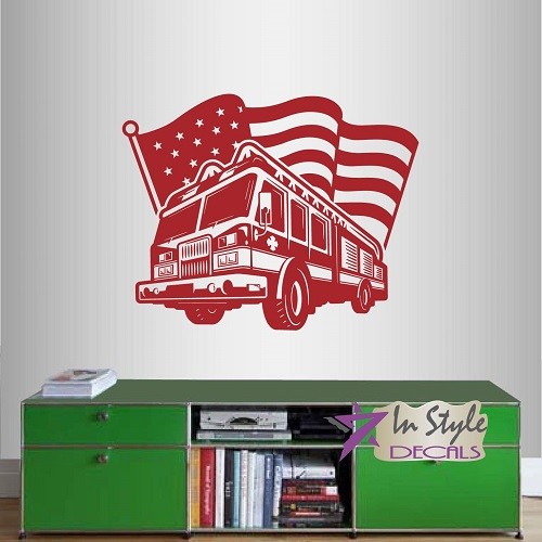 Vinyl Decal Fire Truck American Flag Firefighter Fireman Car Wall ...