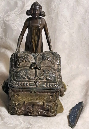 Art Nouveau Bronze Metal Elegant Lady Inkwell Statue Stand Incense ...