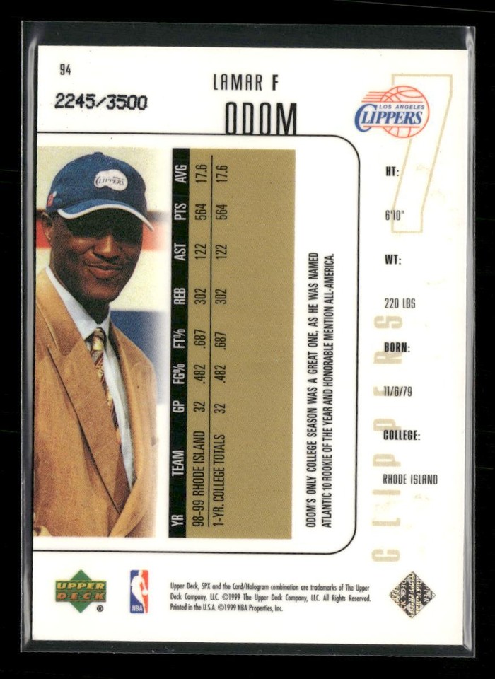 1999-00 SPx #94 Lamar Odom #/3500 Rookie RC | eBay