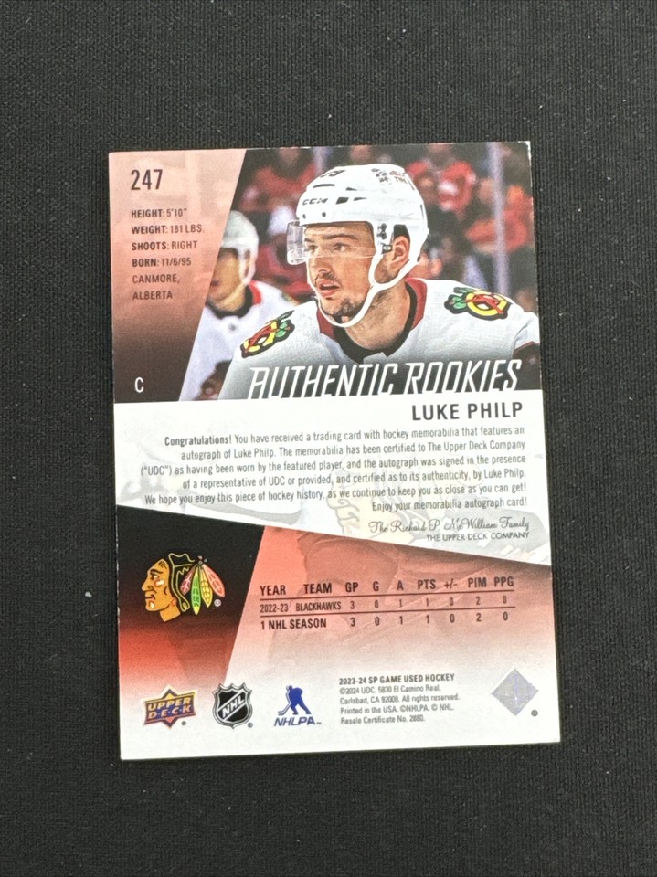 2023-24 UD SP Game Used Hockey LUKE PHILP Authentic Rookies Auto | eBay