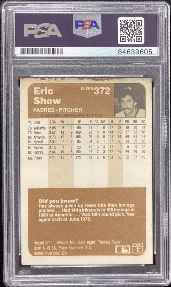 Eric Show Signed 1983 Fleer #372 Card Padres Autograph Jesus ...
