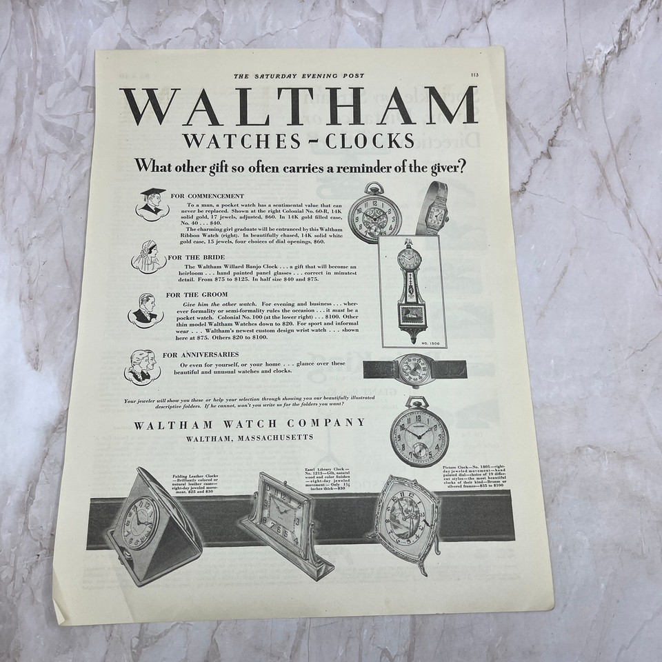 Waltham Watches-Clocks MA 1928 Original Magazine Advertisement FL6-8 | eBay