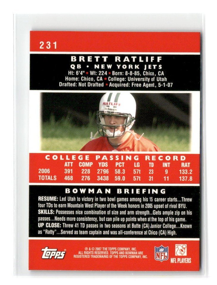 2007 Bowman - #231 - Brett Ratliff RC - New York Jets | eBay