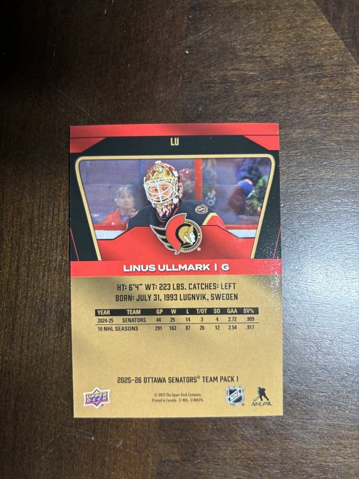 2025-26 Upper Deck Ottawa Senators Team Pack 1 Linus Ullmark | eBay