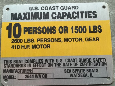 United Marine Boat Capacity Plate~Tag 10 Person-1500 Lbs~Sea Sprite ...