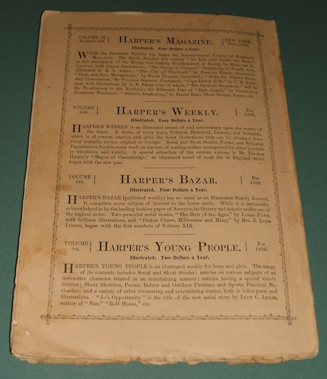 Vintage issue of Harper's New Monthly Magazine for February 1886 ...
