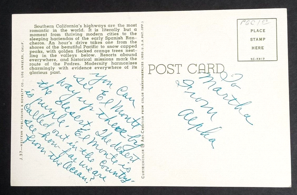 Southern California's Romantic Highways Map CA Curt Teich Postcard ...