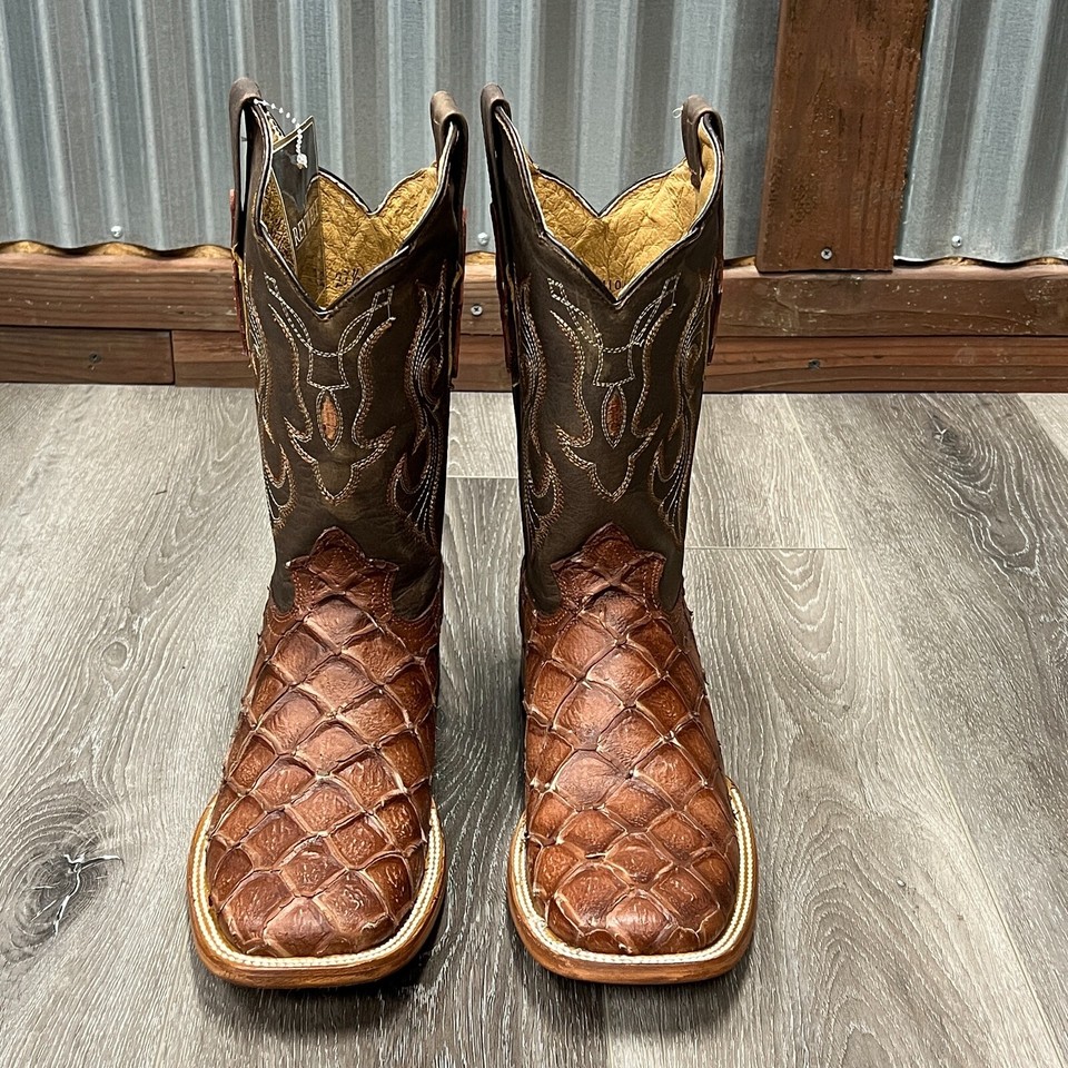 MEN'S RODEO COWBOY FISH PIRARUCU PRINT WESTERN SQUARE TOE BOOTS COGNAC ...