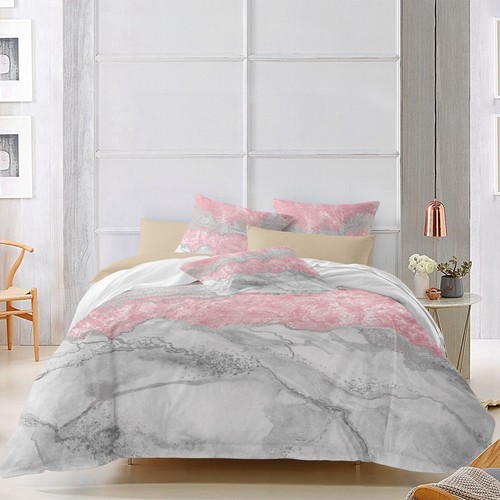 Pink Marble Floral Quilt Doona Duvet Cover Set Queen King Size New ...