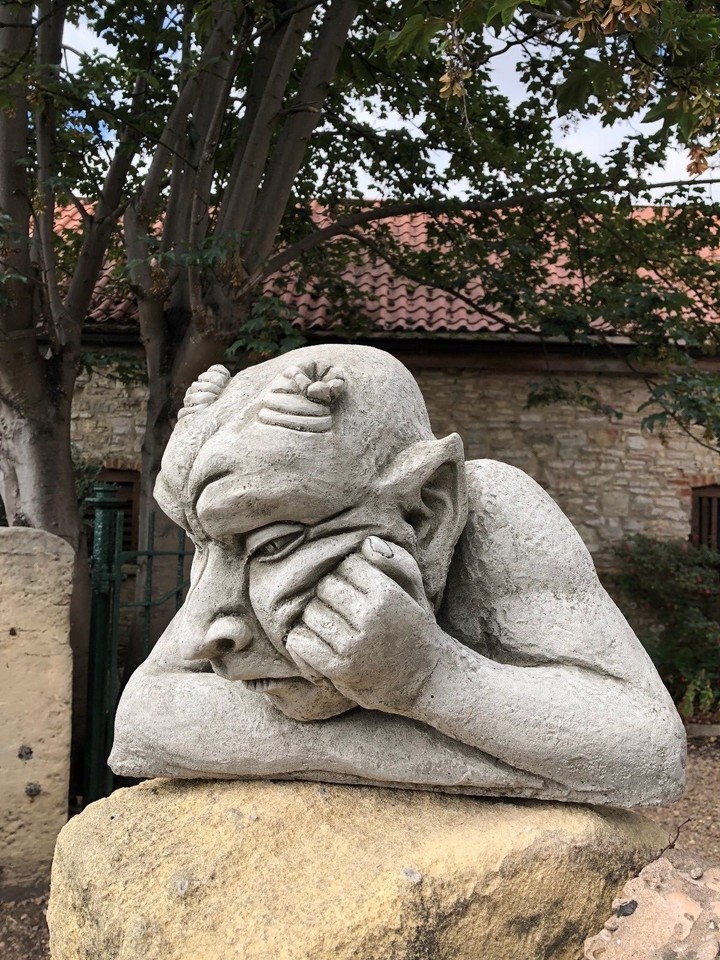 Devil head hand on chin stone gate post finial large garden ornament ...