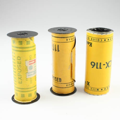 2 EMPTY Kodak Metal 116 Roll Film Spools with Backing Paper + 1 Paper ...