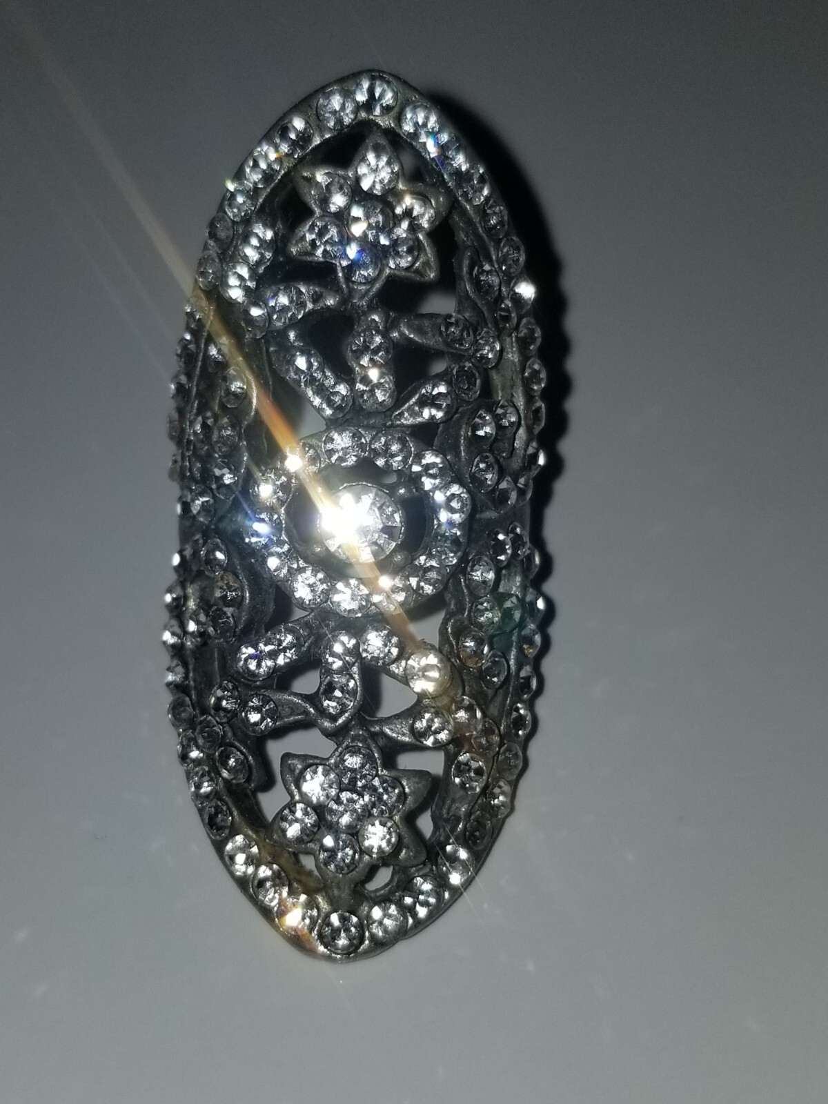 Vintage Spelter/pewter? 2 Inch Long Rhinestone Ring - Gem
