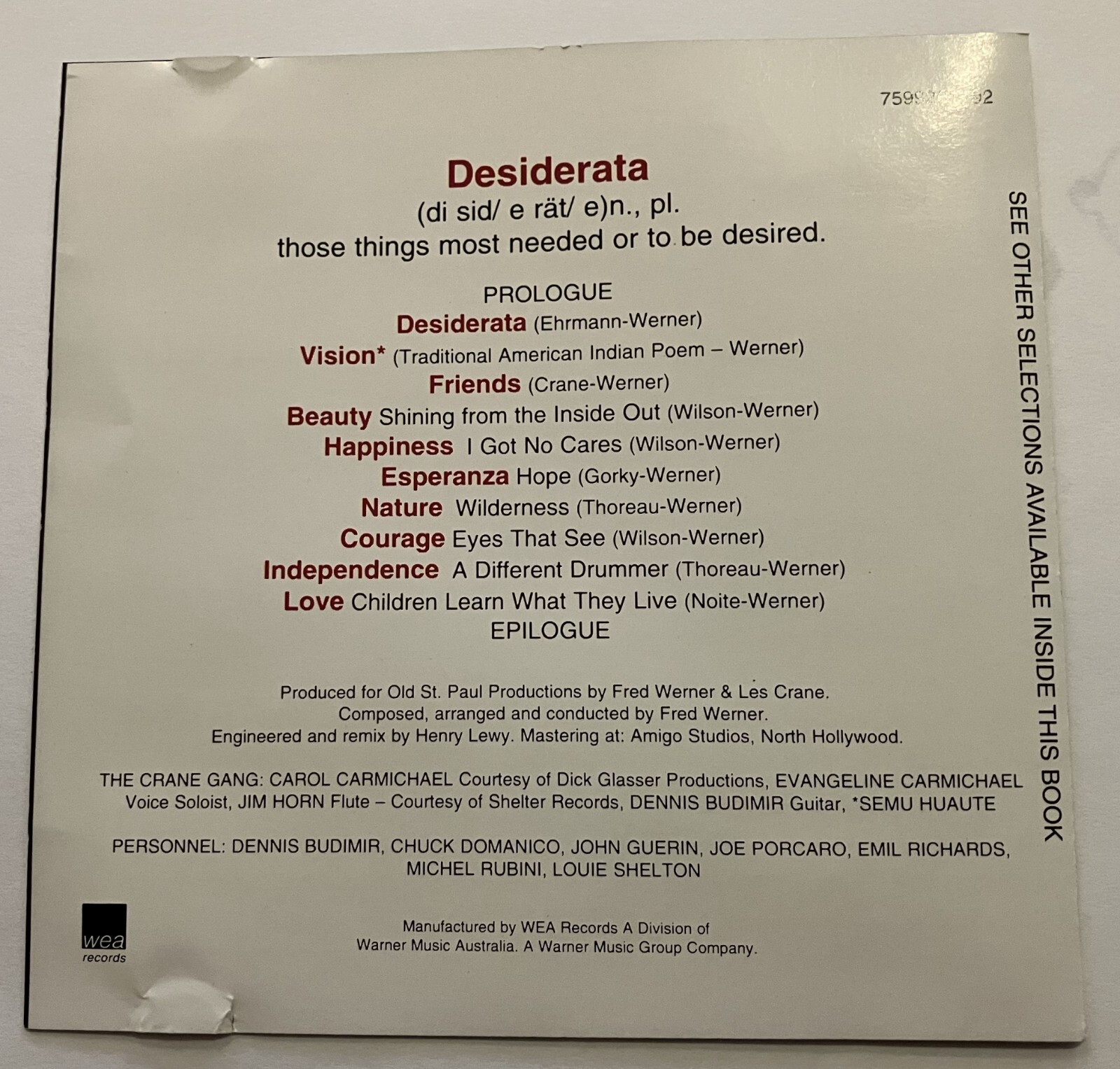 LES CRANE Desiderata CD c1996 WEA oz pressing of original 1971 album ...