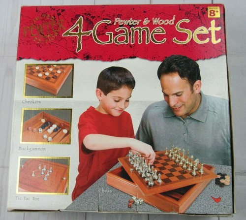 Cardinal Pewter & Wood 4 Board Game Set: Chess Checkers Backgammon Tic ...