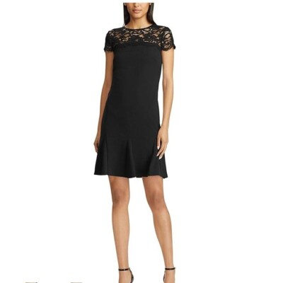 Ralph Lauren Women 2 Black Lace Short Sleeves Knee Length Dress NWT ...