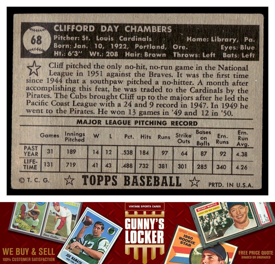 1952 Topps Cliff Chambers #68 St. Louis Cardinals | eBay