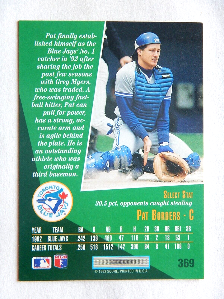 Pat Borders #369 Score 1992 Baseball Card (Toronto Blue Jays) | eBay