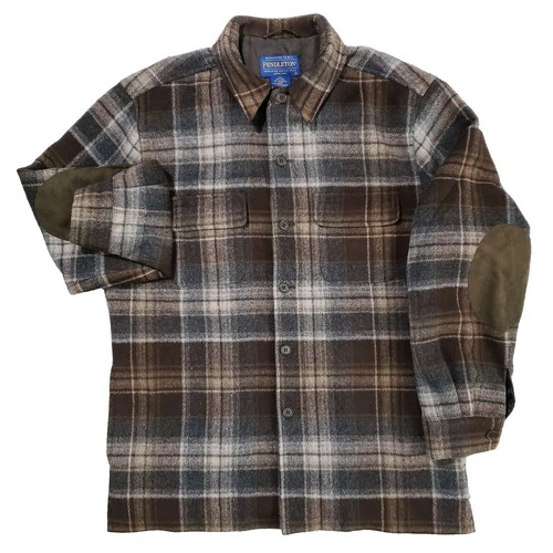 Pendleton Jacket Mens L Plaid Wool Cashmere Elbow Patches Brown Button ...