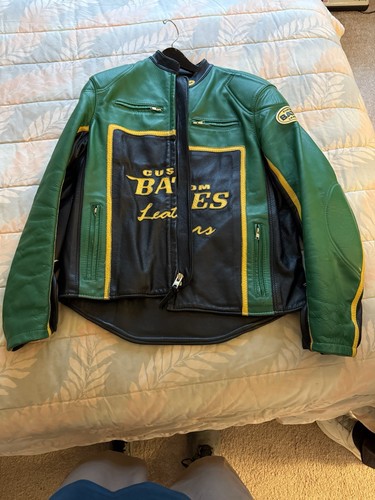 Vintage Custom Bates Leather Jacket. Size 48. Green Black Yellow | eBay