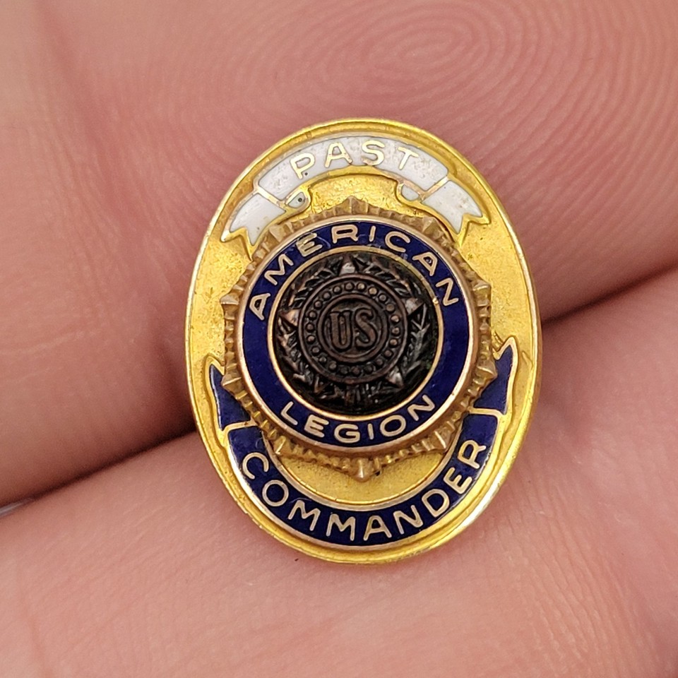 Vtg Solid 10K Yellow Gold American Legion Past Commander Pin White/Blue ...