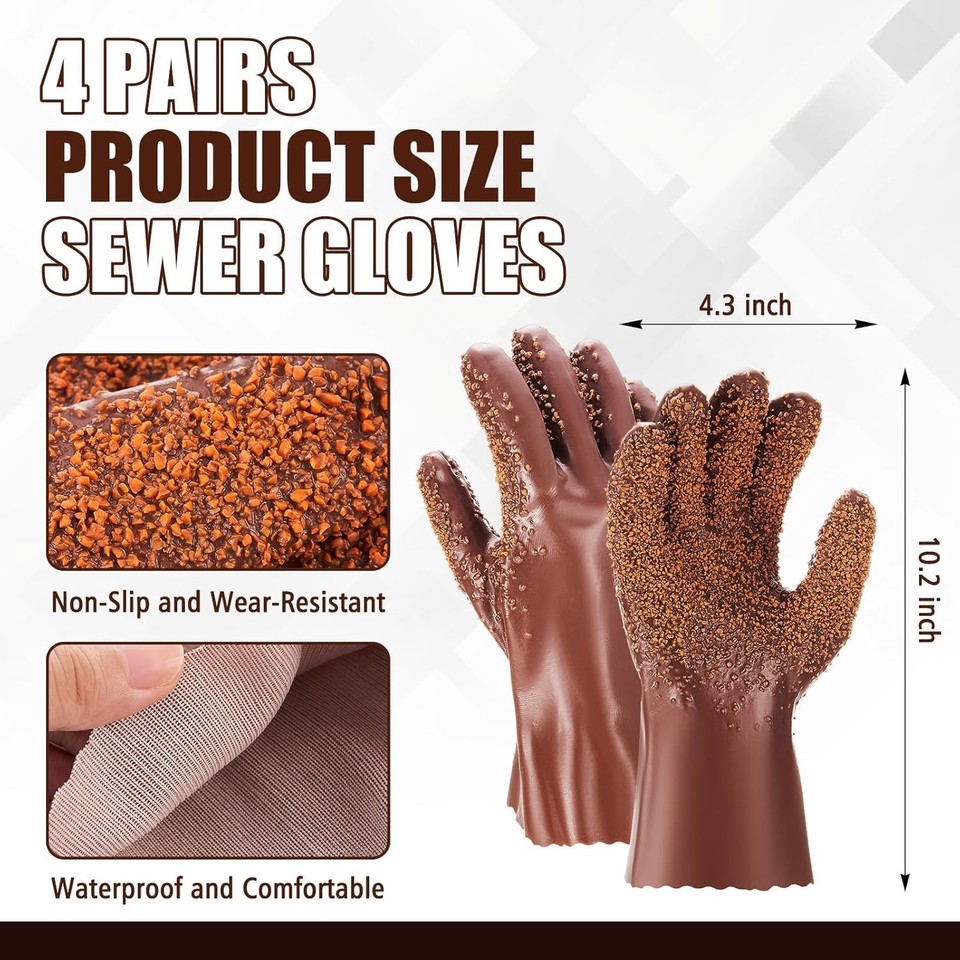 4 Pairs Sewer Snake Gloves Non Slip and Reusable PVC Sewer Abrasion ...