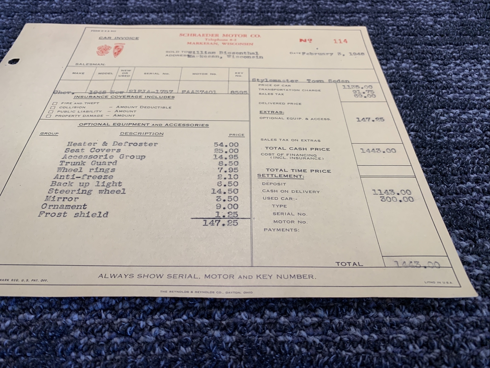 Vtg 1948 Chevrolet New Auto Dealer Sales Receipt Car Dealership Invoice ...