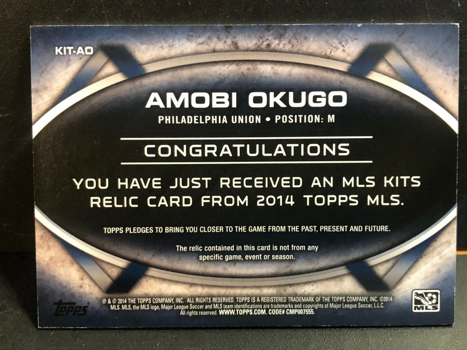 AMOBI OKUGO 2014 Topps MLS Kits GU LOGO PATCH Soccer Card PHILADELPHIA ...