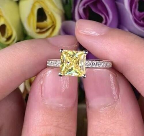 1.5CT Princess Lab-Created Yellow Canary Diamond Ring 14K White Gold ...