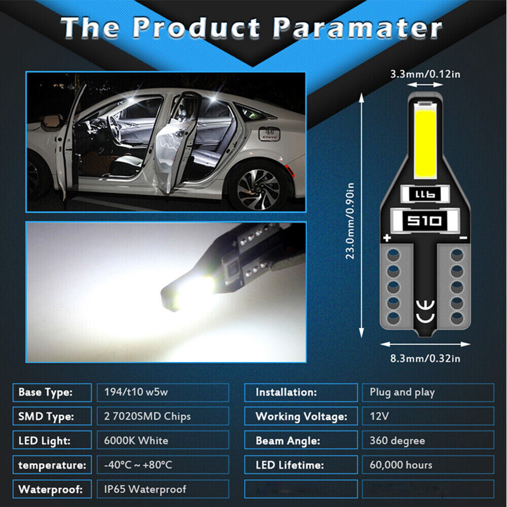10x Upgarde 2SMD-7020 194 168 2825 T10 W5W LED Light Bulb White 6000K ...