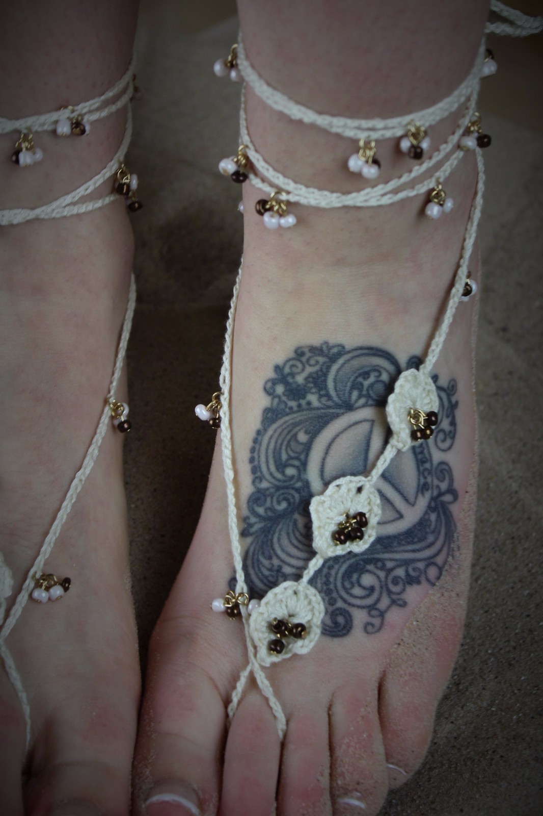 Crochet Gold Beaded Barefoot Sandals Foot Chains Anklet Toe Ring- TQ or ...