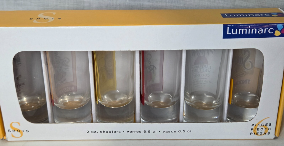 Vintage Luminarc 2oz Shot Glasses Set of 6 Name Brands Rum Vodka Scotch ...
