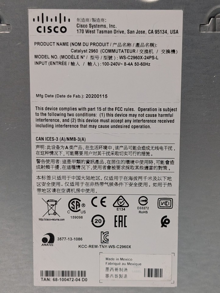 Cisco WS-C2960X-24PS-L Ethernet Switch Mgmt Console, Catalyst 2960-X ...