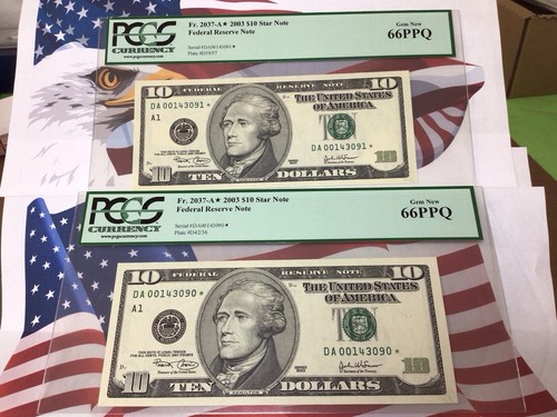 2 Consecutively Numbered 2003 $10 Star Notes FR 2037-A* PCGS 66PPQ ...
