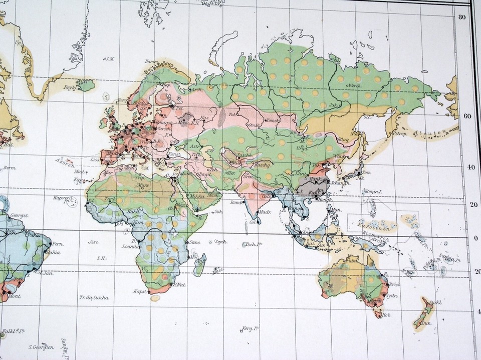 1911 ANTIQUE MAP OF WORLD RACES RELIGIONS POPULATION DENSITY EUROPE ...