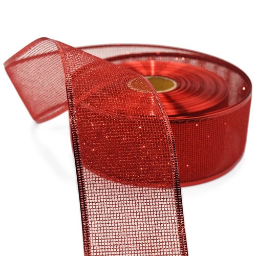 5yds Christmas Red Glitter Grid Mesh Web Net Netting Wired Ribbon 2.5"W ...