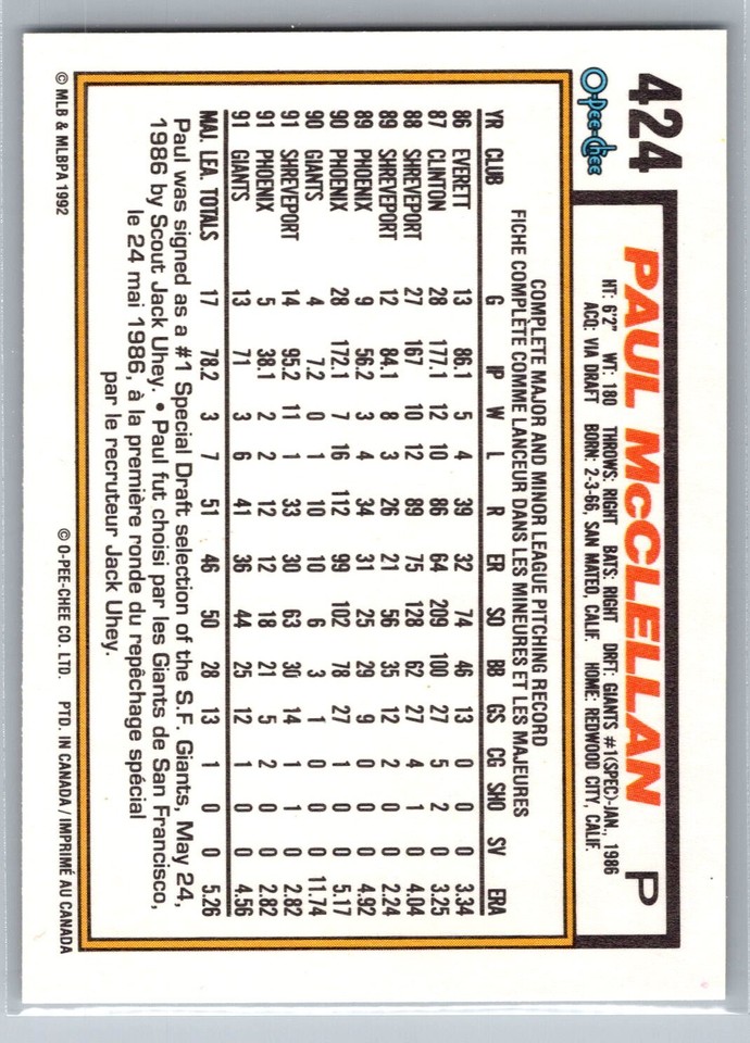 Paul McClellan 1992 O-Pee-Chee Set Break BASEBALL #424 San Francisco ...