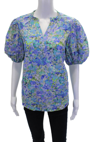 Entro Womens Short Sleeve V Neck Brushstroke Floral Top Blue Green Size ...