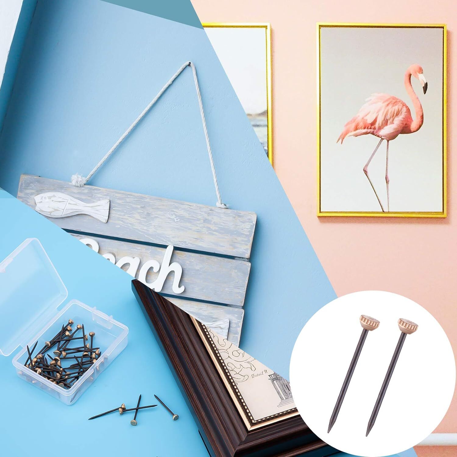 50PCS Brass Headed Picture Pins Wall Hanging Black Hardened Nails Tack ...