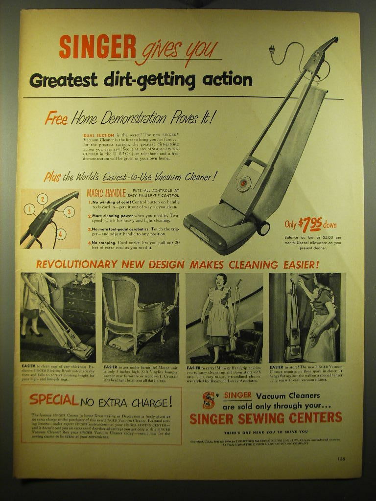 1950 Singer Vacuum Cleaners Ad - Singer gives you greatest dirt-getting ...