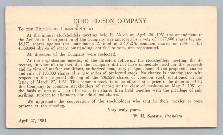 Ohio Edison Company Stock Holders Meeting~Akron OH Vintage Postcard ...